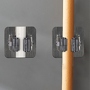 YIWULA 4PCS Mop Broom Holder No Drill Stainless Steel, Mop Broom Organizer Wall Mounted Heavy Duty with Hooks Hanger, Storage Rack Self Adhesive for Bathroom, Kitchen, Office (Black)