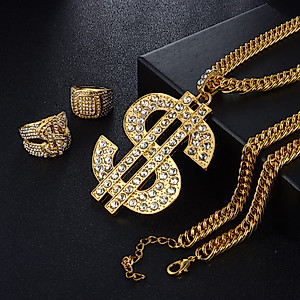 FIBO STEEL Hip Hop 18K Gold Plated Pendant Chain Necklaces and Rings Set for Men Women Rapper Costume Money Dollar Sign Necklace 80s 90s Party Jewelry
