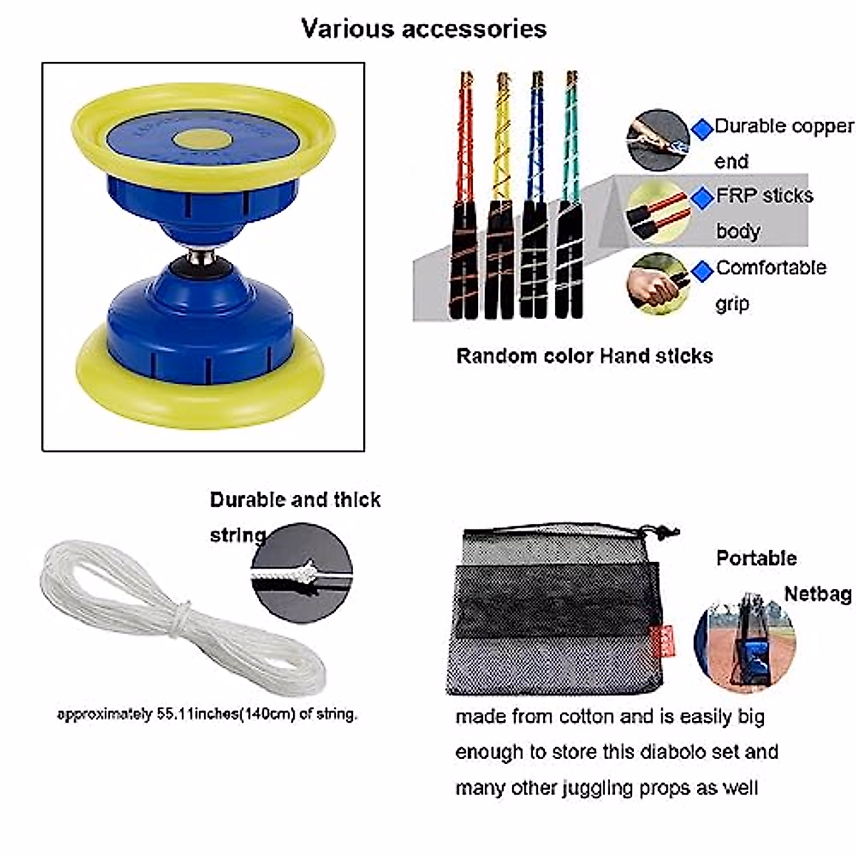 Erencook Chinese Yoyo Diabolo with Whistle Sound ,Triple Bearings Diabolo Chinese Yo-yos Juggling Toys Colorful Diabolo with Diablo Sticks, Diabolo String&Net Bag (Blue)