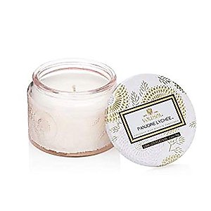 Voluspa Panjore Lychee Candle | Petite Embossed Glass Jar | 3.2 Oz. | 25 Hr Burn Time | Vegan | Coconut Wax and Natural Wicks for Cleaner Burning