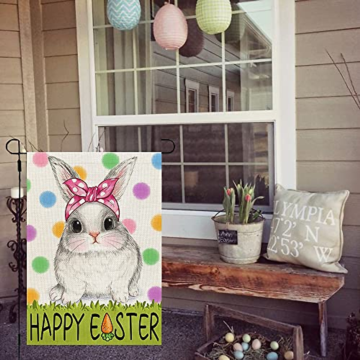 CROWNED BEAUTY Happy Easter Bunny Garden Flag 12x18 Inch Double Sided for Outside Burlap Small Polka Dots Yard Holiday Decoration CF705-12