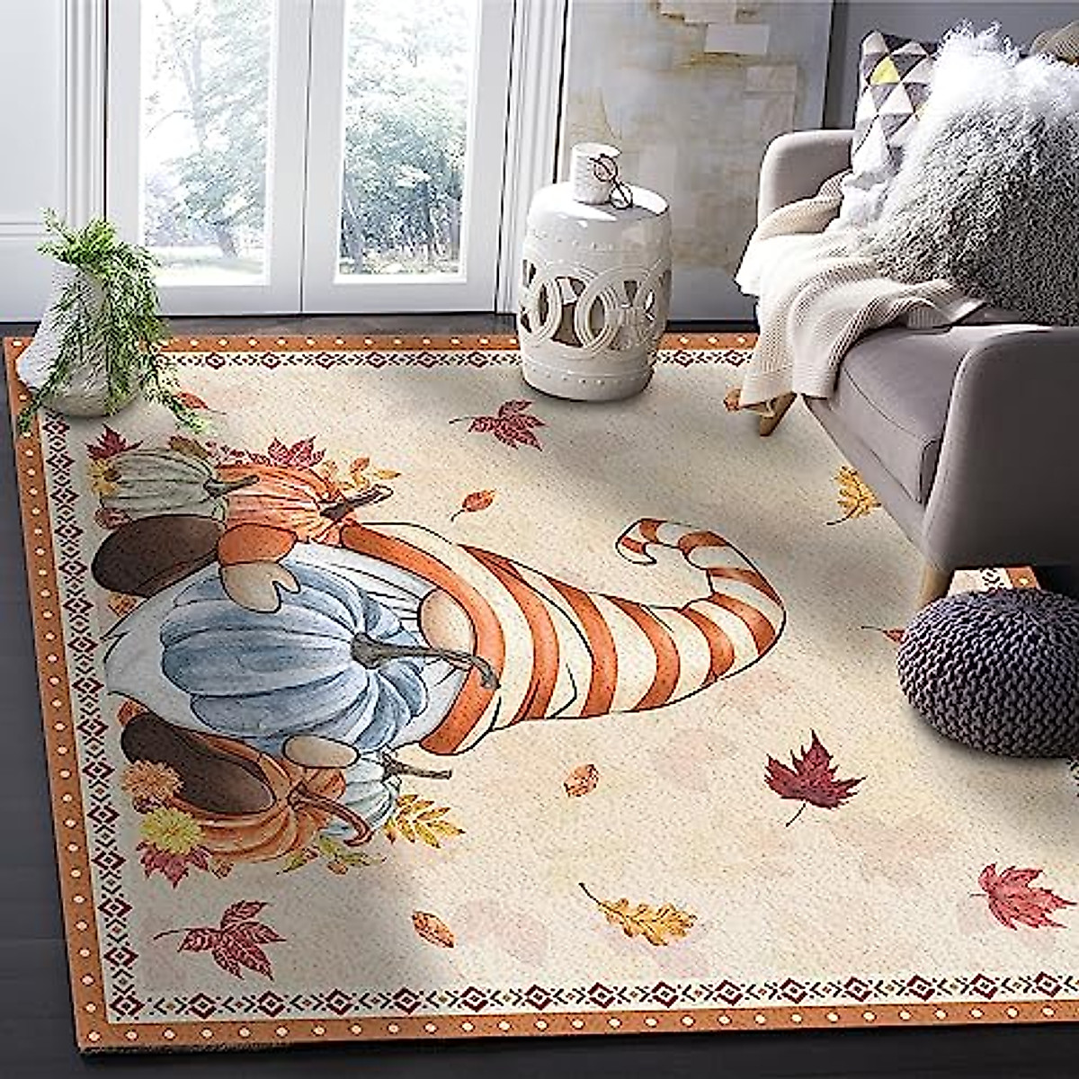 Rugs for Bedroom Living Room Office Kitchen, Thanksgiving Fall Pumpkin Leaves Gnomes Soft Carpet Washable Area Rugs, Indoor 5x8 Feet Floor Rug for Home Decor Aesthetic