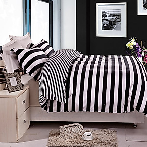 NTBAY 3 Pieces Duvet Cover Set Queen Size, Reversible Zipper Comforter Cover with 4 Corner Ties and 2 Pillow Shams, Soft Brushed Microfiber Comforter Cover Set with Black and White Striped Printed