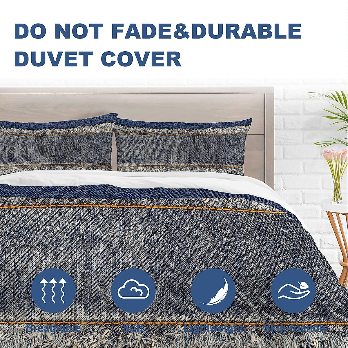 Batmerry Blue Fringe Orange Full Size 3 Pieces Bedding Comforter Cover Sets,Soft Fluffy Denim Torn Worn Blue Jeans Pattern Printed Duvet Cover for All Season