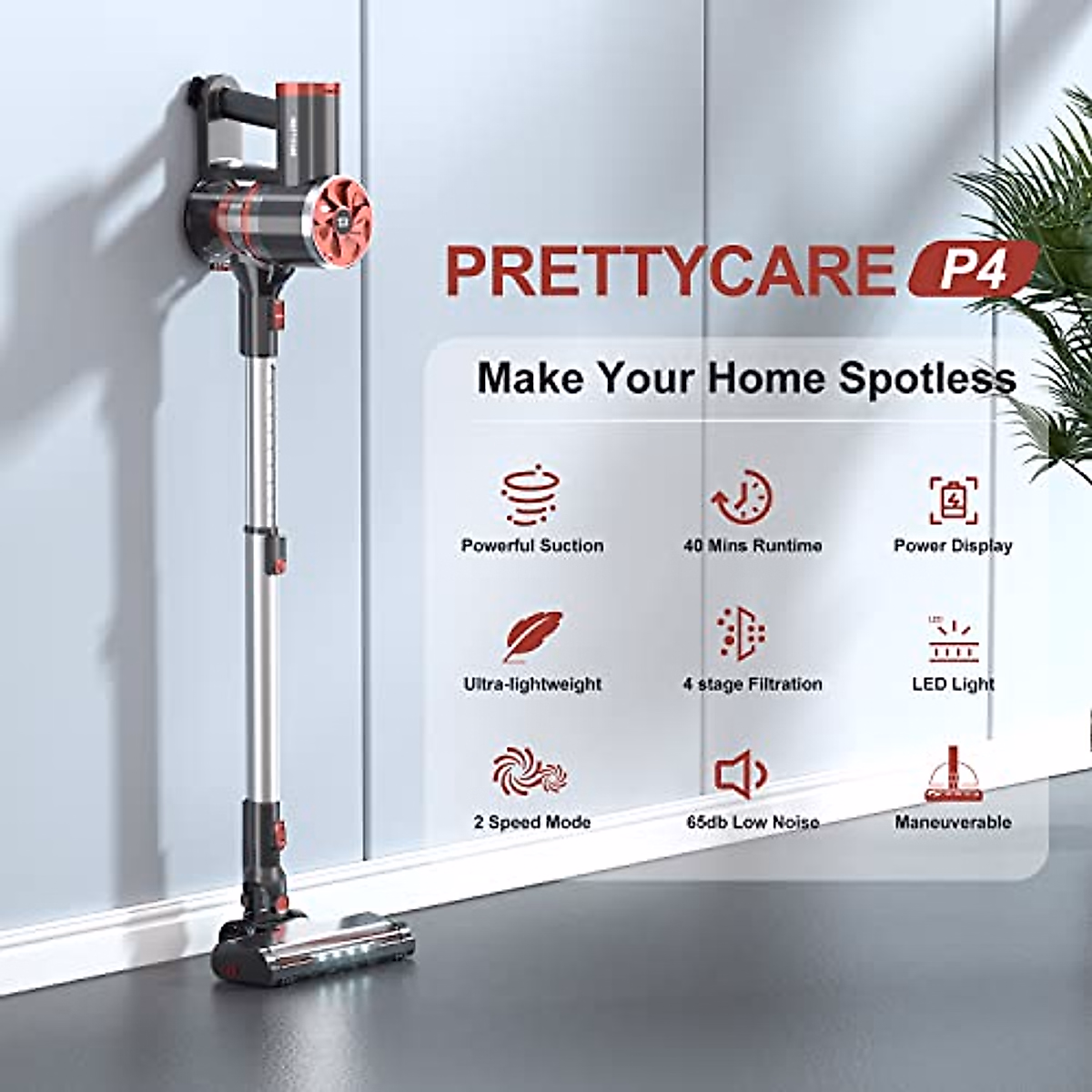 PRETTYCARE Cordless Vacuum Cleaner, Self-Standing, 25Kpa Powerful Suction Stick Vacuum with Smart LED Display, 40Min Long Runtime Brushless Motor, Lightweight Vacuum for Hardwood Floor Carpet Pet Hair