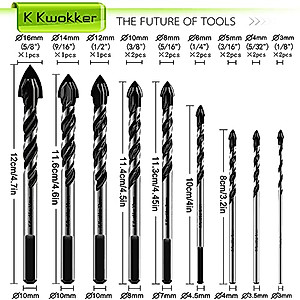 K Kwokker 15Pcs Masonry Drill Bit Set 5/8" to 1/8", Tungsten Carbide Tile Drill Bits, Ceramic Drill Bits for Pots, Brick, Cement, Glass, Stucco, Stone, Marble, Plastic, Wood, with Storage Case