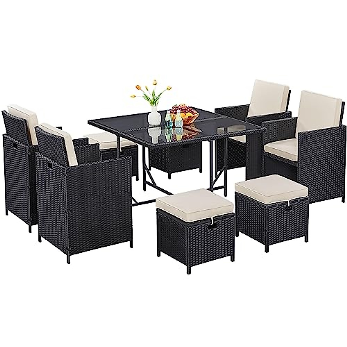 Yaheetech 9-Piece Patio Dining Sets Outdoor Space Saving Rattan Chairs with Glass Table, Wicker Patio Furniture Sets Outdoor Sectional Conversation Set with Removeable Cushions, Black