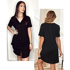 Avidlove V Neck Sexy Sleepwear Shirts Short Sleeve Pajama Dress Button-Front Nightshirt,Black,X-Large