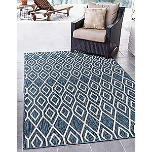 Unique Loom Jill Zarin Outdoor Collection Trellis Geometric Area Rug (9' 0 x 12' 0 Rectangular, Blue)