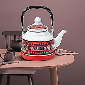 Zerodeko 1.1L Enamel Tea Kettle Stovetop Teapot Porcelain Enameled Teakettle Farmhouse Geometric Patterns Hot Water Kettle Pot for Camping Outdoor Kitchen Hotel Red