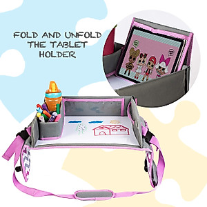 Kids Travel Tray, Car Seat Tray for Kids Travel with Dry Erase Board for Your Child's Rides and Flights, Travel Tray for Kids Car Seat, Kids Road Trip Essentials (Pink)