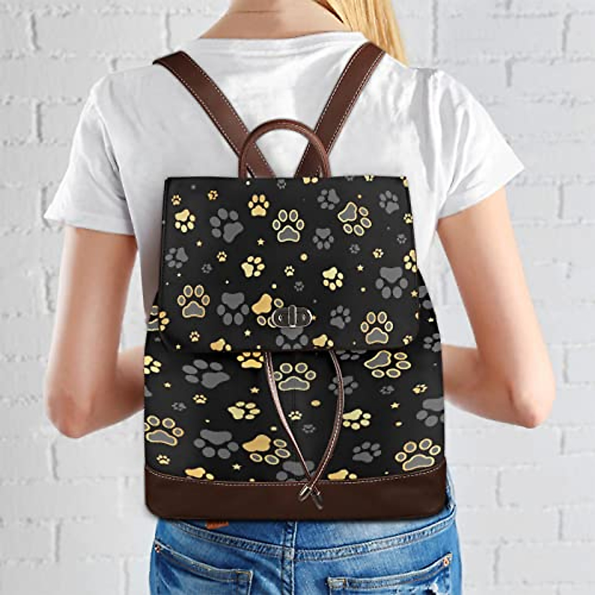 Leather Backpack Purse for Women, Print Dog Paw PU Leather Women Girls Ladies Backpack Multipurpose Daypacks Travel Bag, College Bookbag Water Resistant Casual Daypack Backpacks