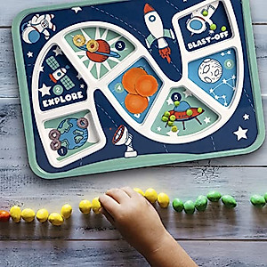 GSM Brands Kids Dinner Plate for Picky Eating Toddlers: Healthy Constructive Fun Meal Time, Divided Portions, Space Themed