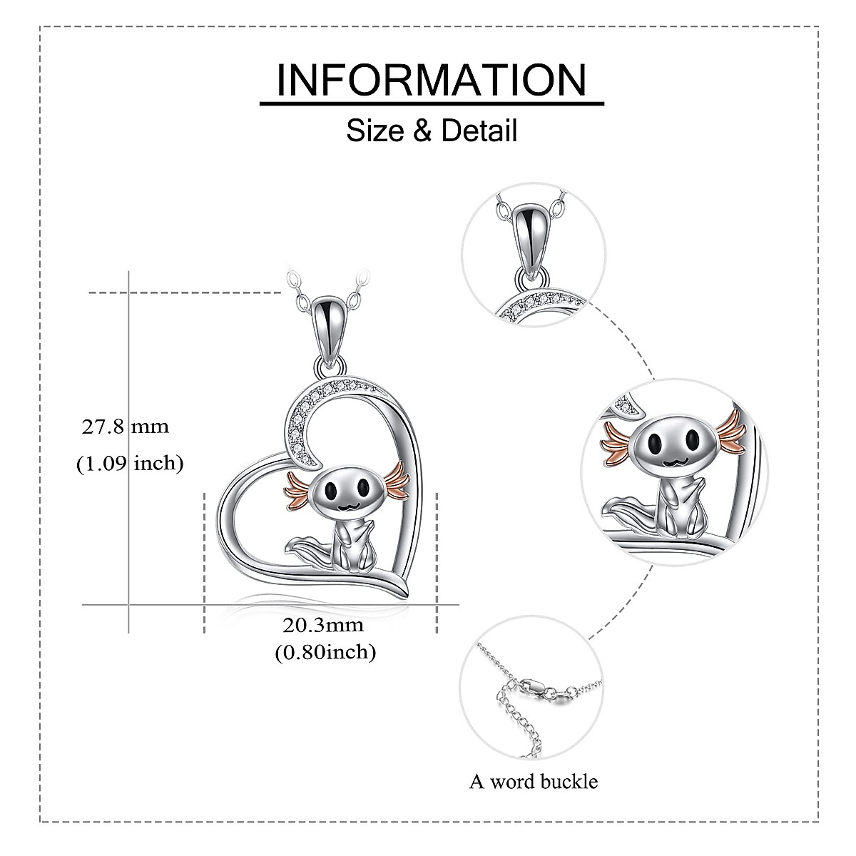 YAFEINI Axolotl Necklace 925 Sterling Silver Heart Axolotl Pendant Cubic Zirconia Cute Axolotl Jewelry Gifts for Women