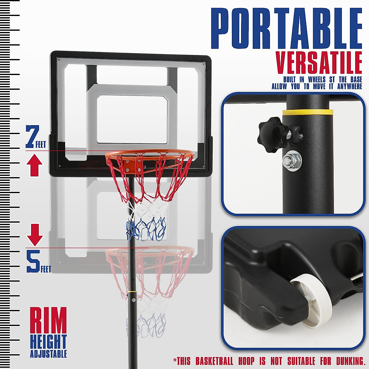 MoNiBloom Portable Basketball Hoop Goal 5ft- 7ft Adjustable-Height Stand with 33 Inch Backboard Wheels Fillable Base, Basketball Goals for Adults Indoor Outdoor Play, Black