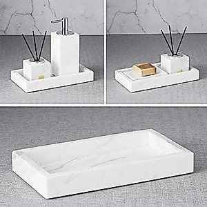 PLYFUNS Vanity Tray, Mini Bathroom Kitchen Resin Vanity Tray Cosmetic Organizer Jewelry Ring Dish Holder for Towel/Plant/Jewelry - White Marble