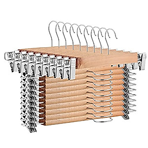 Weysat 40 Pcs Wooden Pants Hangers Bulk Solid Wood Skirt Hanger with 2 Adjustable Clips Anti Rust Hook 360 Swivel Hook Bottom Hangers Jeans Hangers for Women Men