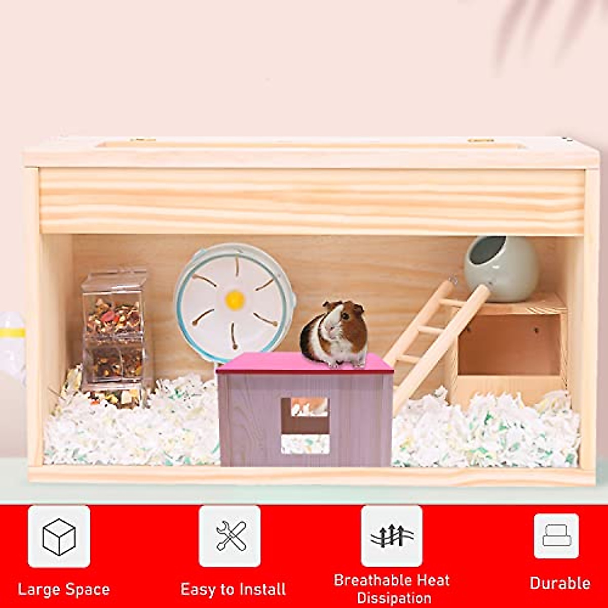 HERCOCCI Guinea Pig Wooden House, Play & Chew - Small Animal Hideout Hut with Window Habitat for Guinea Pig Chinchilla Hedgehog Gerbil Hamster Rat (Red)