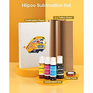 Hiipoo Sublimation Ink Set with 110 Sheet Sublimation Paper 8.5x11” 125G, 2 Pack Teflon Sheet, Heat Tape for EcoTank Inkjet Printer ET-2720 ET-2760 ET-2800 ET-2803 ET-2400 ET-4700 ET-4800 ET-15000