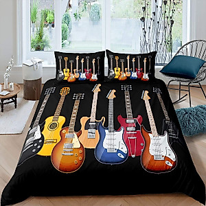 Guitar Printed Bedding Set Teens Rock Music Themed Duvet Cover for Kids Children Adults Colorful Musical Pattern Comforter Cover Hip Hop Stripe Style Bedspread Cover Bedroom Decor 2Pcs Twin Size