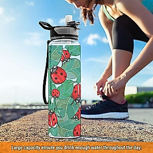 32oz Sports Water Bottle with Leakproof and BPA-Free,Red Ladybug in Green Leaves, Gym Bottle with -Ideal Gift for Fitness Sports & Outdoors