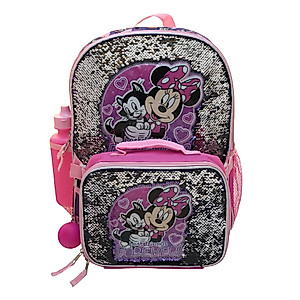 Disney Minnie Mouse Girls & Toddler 4 Piece Backpack Set, Flip Sequin School Bag with Front Zip & Side Mesh Side Pockets, Insulated Lunch Box, Water Bottle, and Squish Ball Dangle