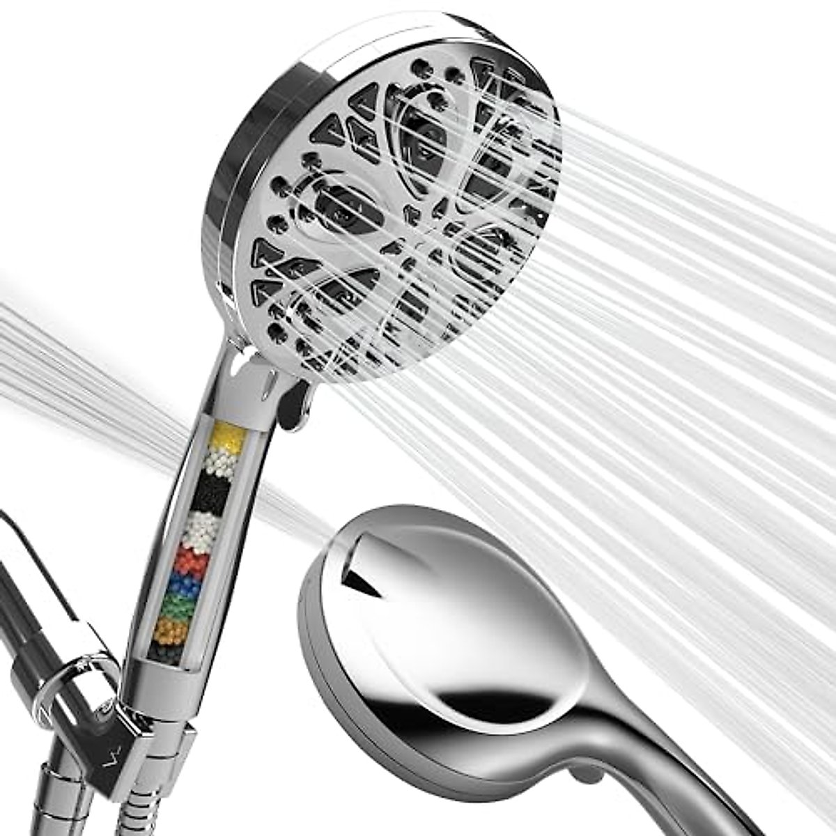 SparkPod 10-Mode Filtered Shower Head with Hose - 5" High Pressure Shower Heads with Filter - Handheld Shower Head Filter with Built-In Power Jet, Stainless 6ft Hose and Bracket (Polished Chrome)