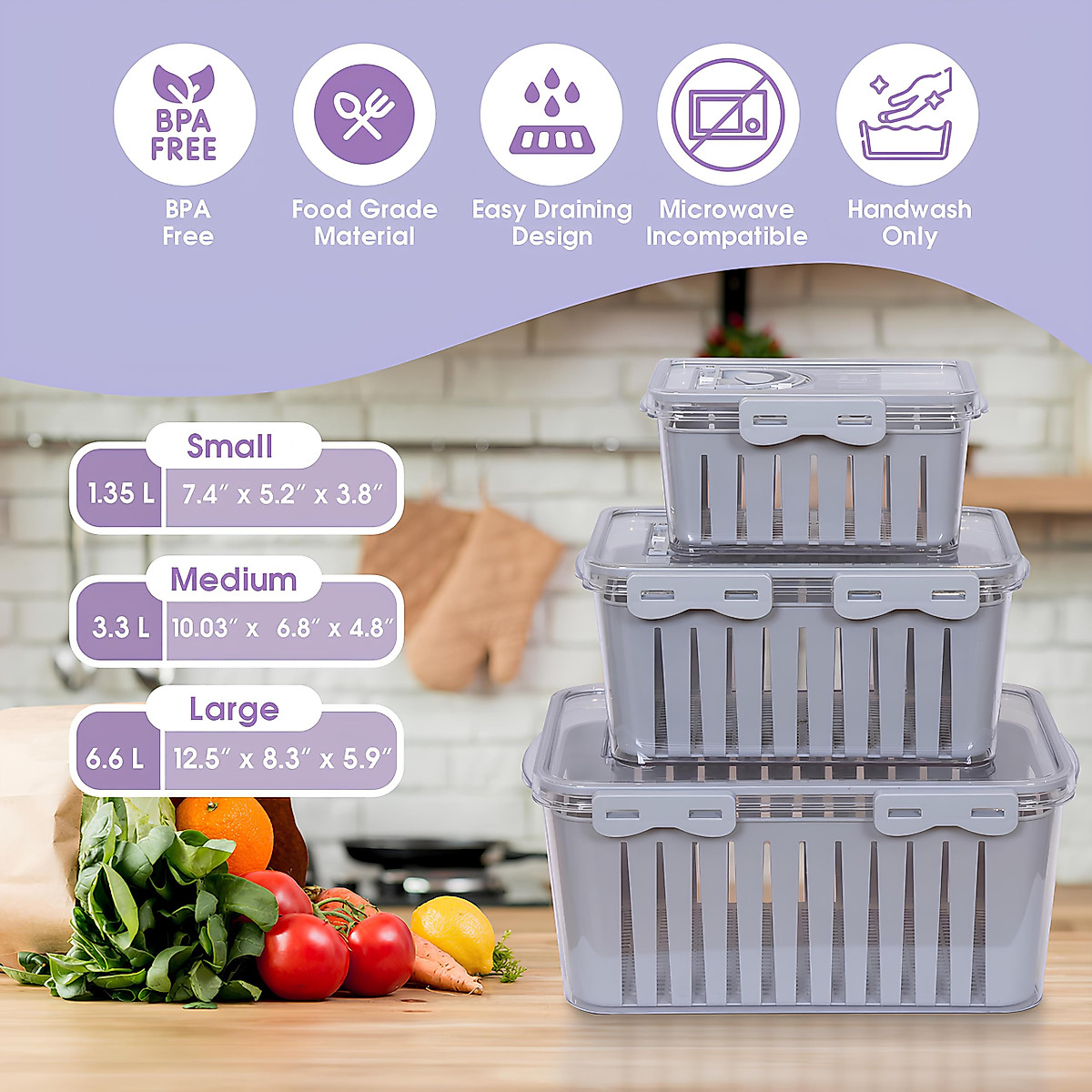 Frovita 3PCS Fruit Containers for Fridge - Airtight Fruit Storage Containers for Fridge with Lids and Strainers - Food Organizer Containers Colander with Built in Month and Date Tracker