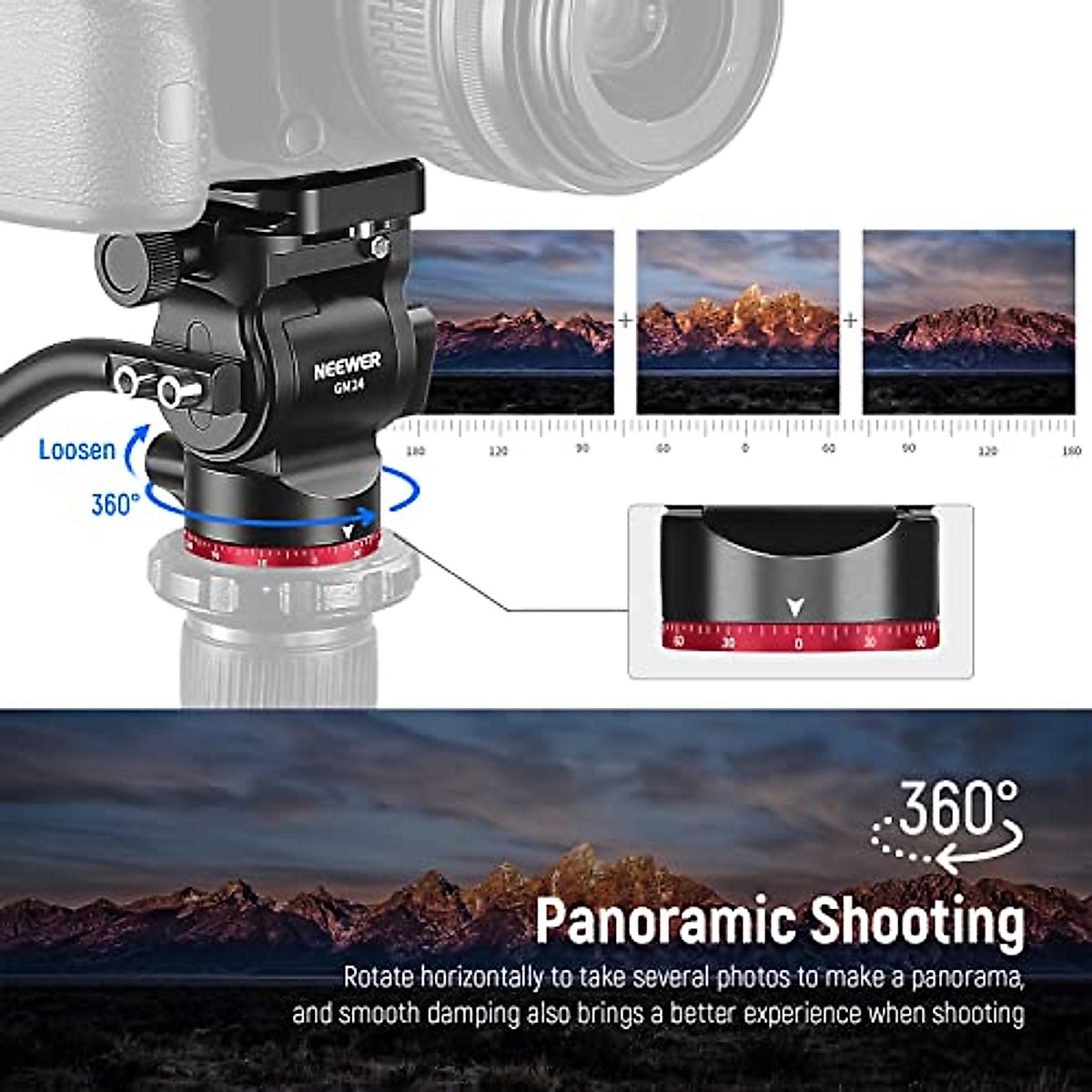 NEEWER Tripod Fluid Head Pan Tilt Head with Arca Type Quick Release Plate and Handle, Metal Panorama Head with Scaled Base (⌀37mm) for Compact Video Camera DSLR Camera, Load up to 6.6lb, GM24 (Red)
