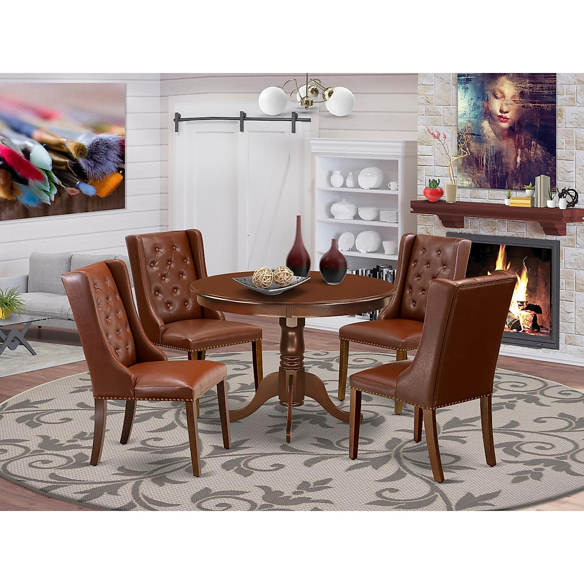 East West Furniture HLFO5-MAH-46 5 Piece Kitchen Table Set for 4 Includes a Round Dining Table with Pedestal and 4 Brown Faux Faux Leather Parson Dining Chairs, 42x42 Inch, Mahogany