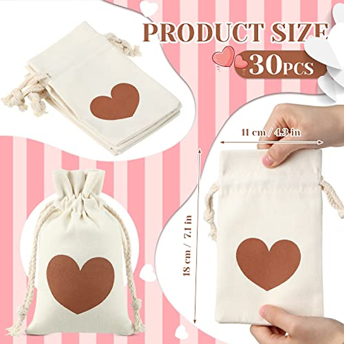 30 Pcs Small Gift Bags Heart Burlap Bags Drawstring Gift Pouch Wedding Favor Bags Candy Jewelry Gift Wrap Bags for Birthday, Wedding, Baby Shower Valentine's Day Party Supplies 4.3 x 7.1 In