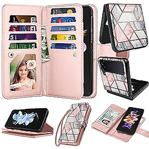 NJJEX Galaxy Z Flip 4 5G Case, for Samsung Galaxy Z Flip 4 5G Wallet Case, [9 Card Slots] PU Leather ID Credit Holder Folio Flip [Detachable] Kickstand Magnetic Phone Cover & Lanyard [Marble Pink]