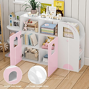 FOTOSOK Toy Storage Organizer with Truck Design, Kids Bookshelf with 12 Storage Cubbies and 2 Door, Toy Organizers and Storage for Playroom, Bedroom, School, Nursery, Pink and White