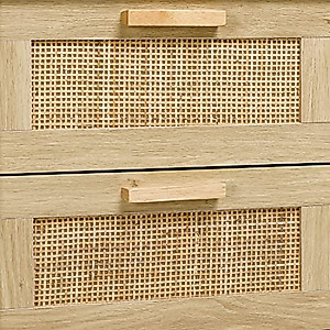 Finnhomy Nightstand, End Table, Side Table with 2 Hand Made Rattan Decorated Drawers, Nightstands Set of 2, Wood Accent Table with Storage for Bedroom, Natural, 2 Pack