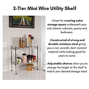 Internet's Best 2-Tier Mini Wire Utility Shelving - Chrome - Small Shelf - Adjustable Rack Unit - Kitchen Bathroom Pantry Laundry Storage - Under The Sink Organization - Organize Your Cabinets