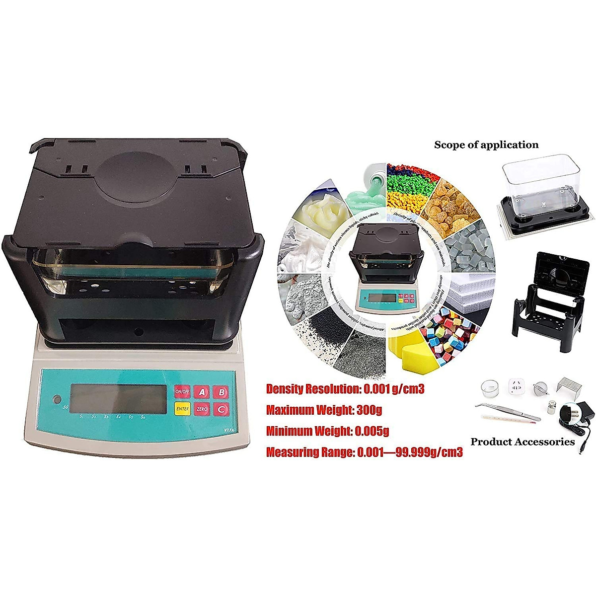 HFBTE Solids Densimeter Electronic Solid Density Meter Digital Density Meter Gravity Balance Gravimeter for Measuring Plastic Rubber,Etc Precision 0.005g Accuracy 0.001g/cm3 Maximum Weight 300g