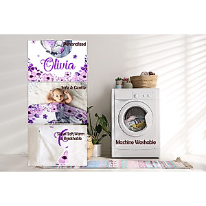 Personalized Cute Purple Elephant Animal Floral Baby Name Blanket Throw Fleece Swaddle Shower Super Soft Blanket Newborn Gifts for Baby Girl Daughter New Kid Bed Couch Sofa Decor