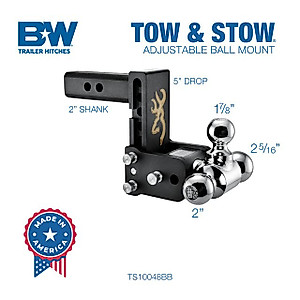 B&W Trailer Hitches Tow & Stow Adjustable Trailer Hitch Ball Mount with Browning Logo - Fits 2" Receiver, Tri-Ball (1-7/8" x 2" x 2-5/16"), 5" Drop, 10,000 GTW - TS10048BB