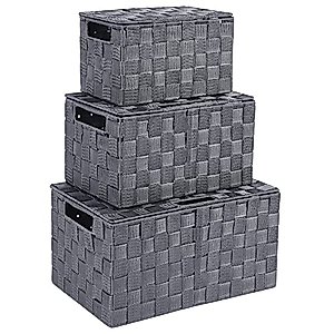 Harrage Decorative Storage Boxes with Lids - 3 Pack Storage Bins Wicker Basket with Lid, Woven Storage Basket for Organizing for Office Shelf Closet Cloth Toy Book (Grey)