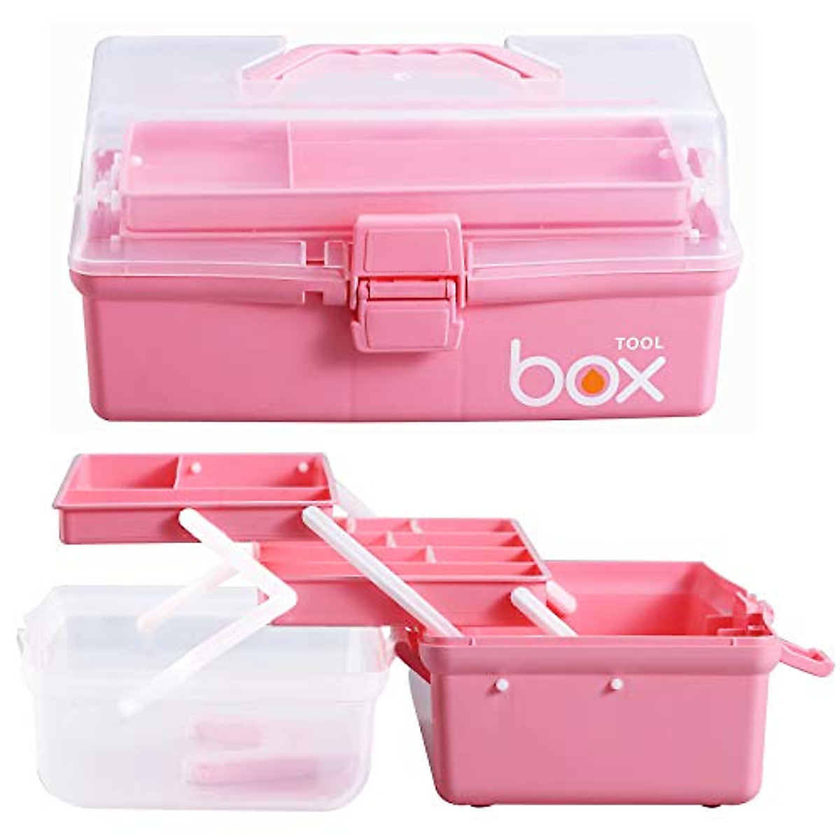 Kinsorcai 12'' Three-Layer Clear Plastic Storage Box/Tool Box, Multipurpose Organizer and Portable Handled Storage Case for Art Craft and Cosmetic (Pink)