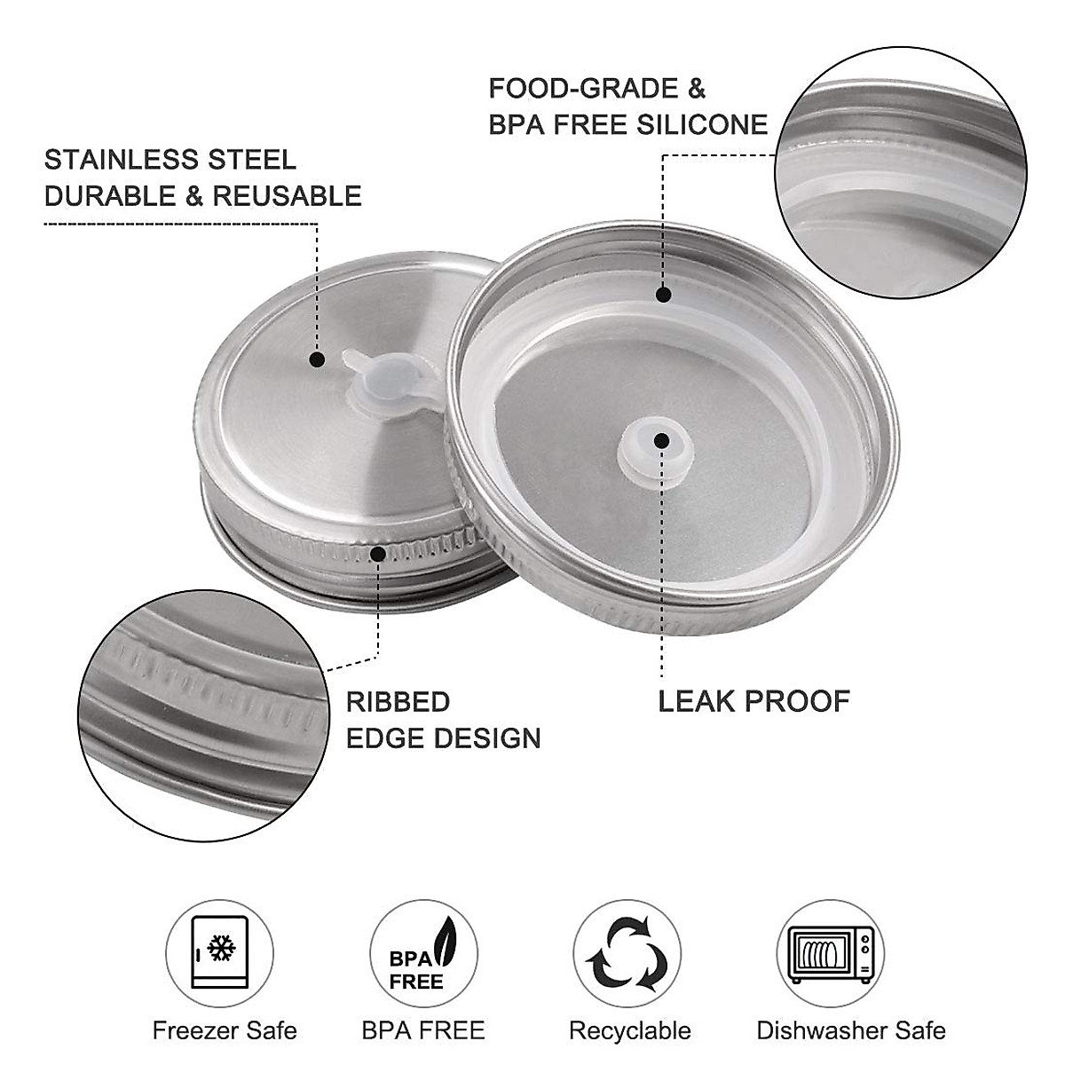 uxcell 2pcs Stainless Steel Wide Mouth Mason Jars Lids with Straw Hole Canning Lids for Drinking & Food Storage