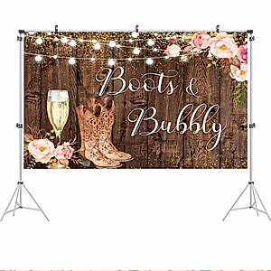 Boots and Bubbly Bridal Shower Backdrop,Rustic Brown Wood Glitter Rose Pink Flower Golden Champagne Themed Party Decorations for Wedding Decor Photo Booth Banner 5x3ft