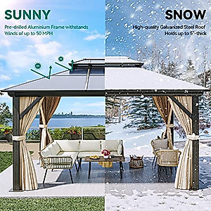 YITAHOME 10x12FT Gazebo Hard-Top Double Roof Canopy Outdoor with Netting and Shaded Curtains, Aluminum Frame Polycarbonate Hardtop Garden Tent for Patio, Backyard, Deck and Lawns, Brown