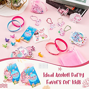 EYxsaxenk 122Pcs Axolotl Party Favor Pack of Reptile Animal Rubber Bracelet Resin Ornaments Temporary Tatto Sticker Keychain with Thank You Cards and Organza Bag for Axolotl Party Goodie Bag Supply