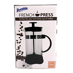 Dependable Industries inc. Essentials 12 Ounce Glass French Press Coffee & Tea Brewer - Single Cup, 3 Cup Espresso Compact, Durable, Easy to Use