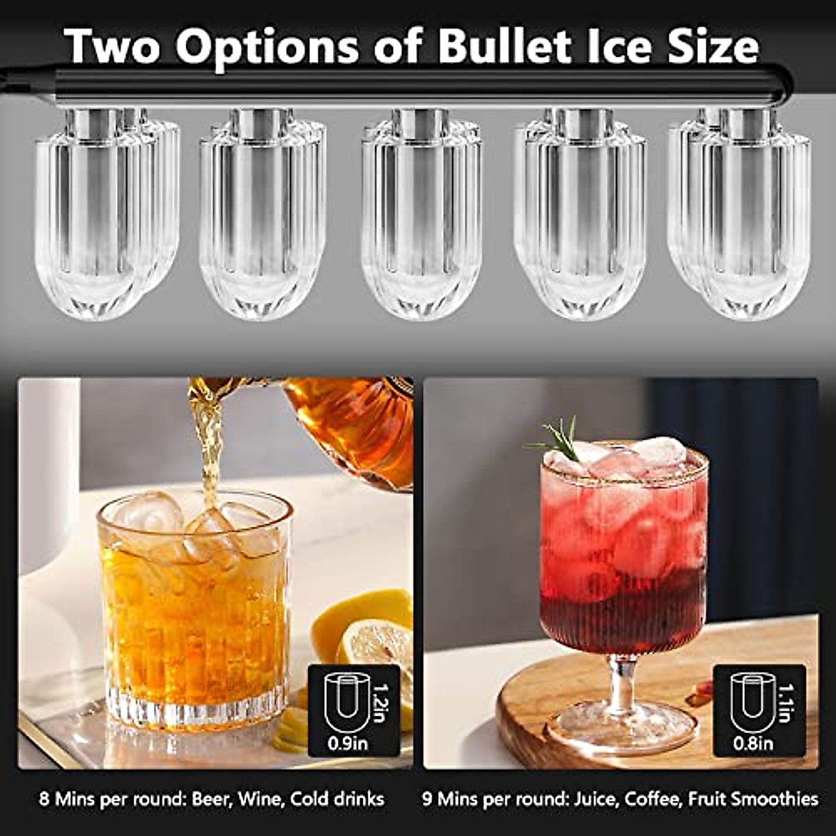 KUMIO Ice Maker Countertop, Retro Design Bullet Clear Ice 10pcs in 8Mins, 33Lbs/Day, 2.5Qt Water Reservoir & 2 Ice Size (S/L), Self-Cleaning Portable Ice Machine with Ice Basket and Scoops