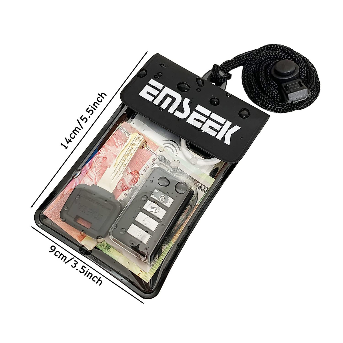 EMSEEK Waterproof Wallet Waterproof Car key Fob Holder Pouch Surf Dry case For Key Cash Cards ID Driver License (Black)