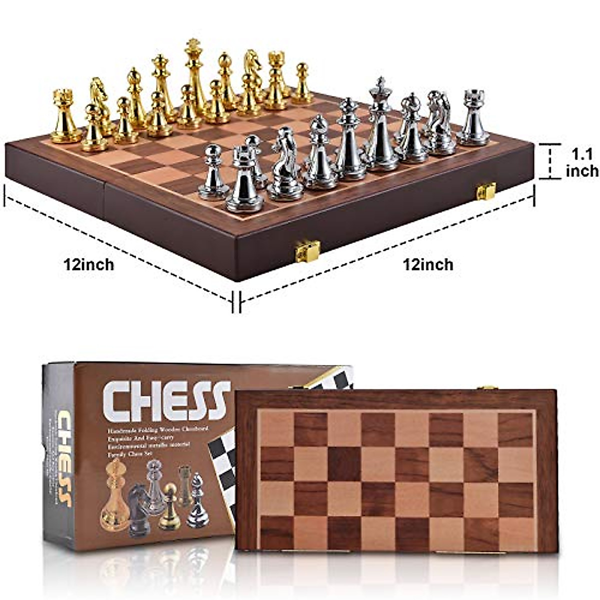 Agirlgle Metal Chess Set for Adults and Kids – Deluxe Chess Board with Chess Pieces – Travel Wooden Chess Set with Metal Pieces – Folding Chessboard – Ideal for Beginners and Professional Players