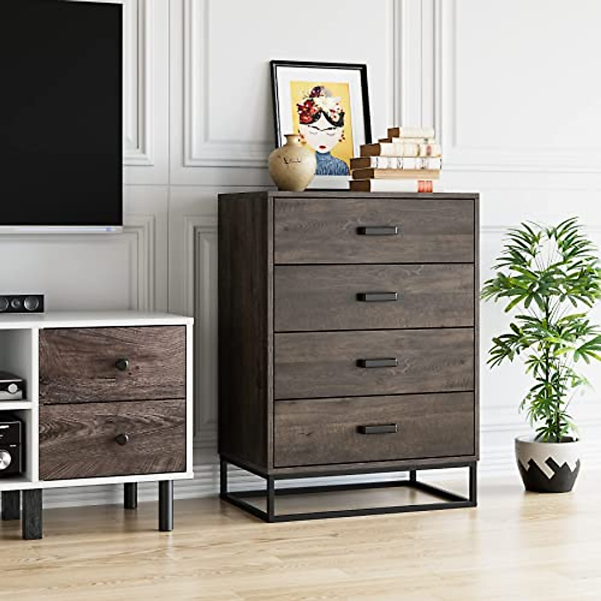 URKNO Chest of Drawers, Wood 4 Drawer Dresser for Bedroom, Nightstand for Bedroom, Living Room, Entryway, Closet, Easy Assembly, Dark Brown
