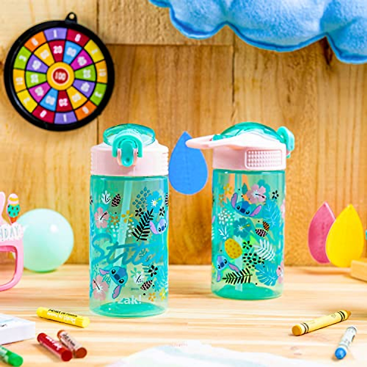 Zak Designs Kids Durable Plastic Spout Cover and Built-in Carrying Loop, Leak-Proof Water Design for Travel, (16oz, 2pc Set), Lilo and Stitch 2pk